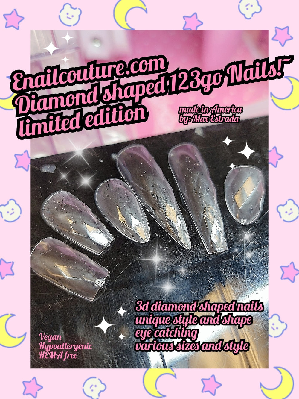 Diamond 123go nails (3D Diamond Shaped Nail, Extension Clear Full Cove ...