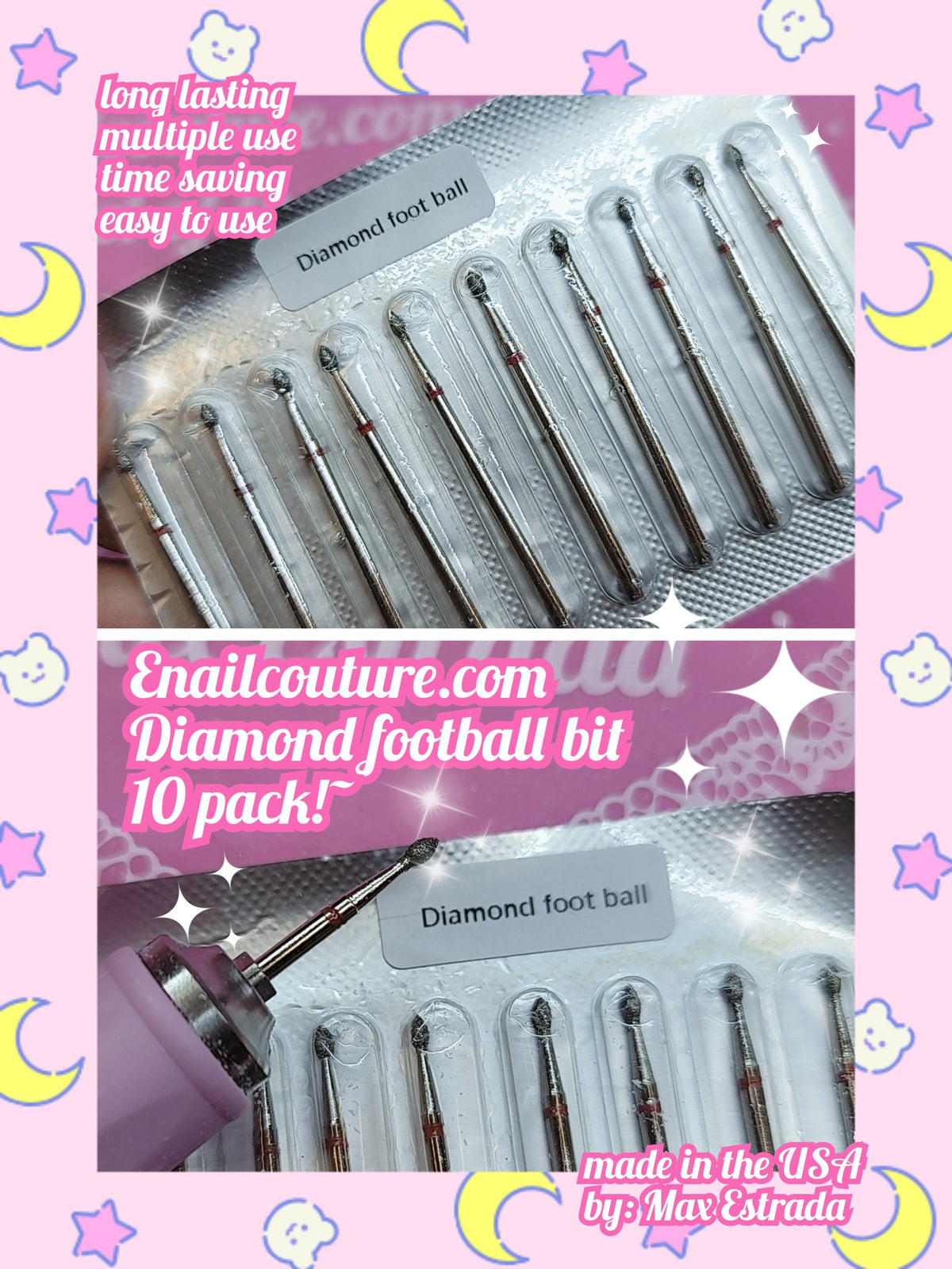 Diamond Foot ball 10 Pack (2mm Flame Shape Cuticle Clean Nail Drill Bi ...